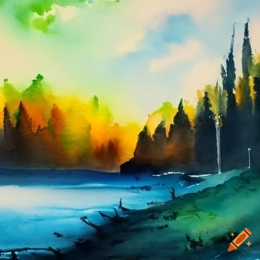 Watercolor landscape painting in roland reiff style, very intensive colours