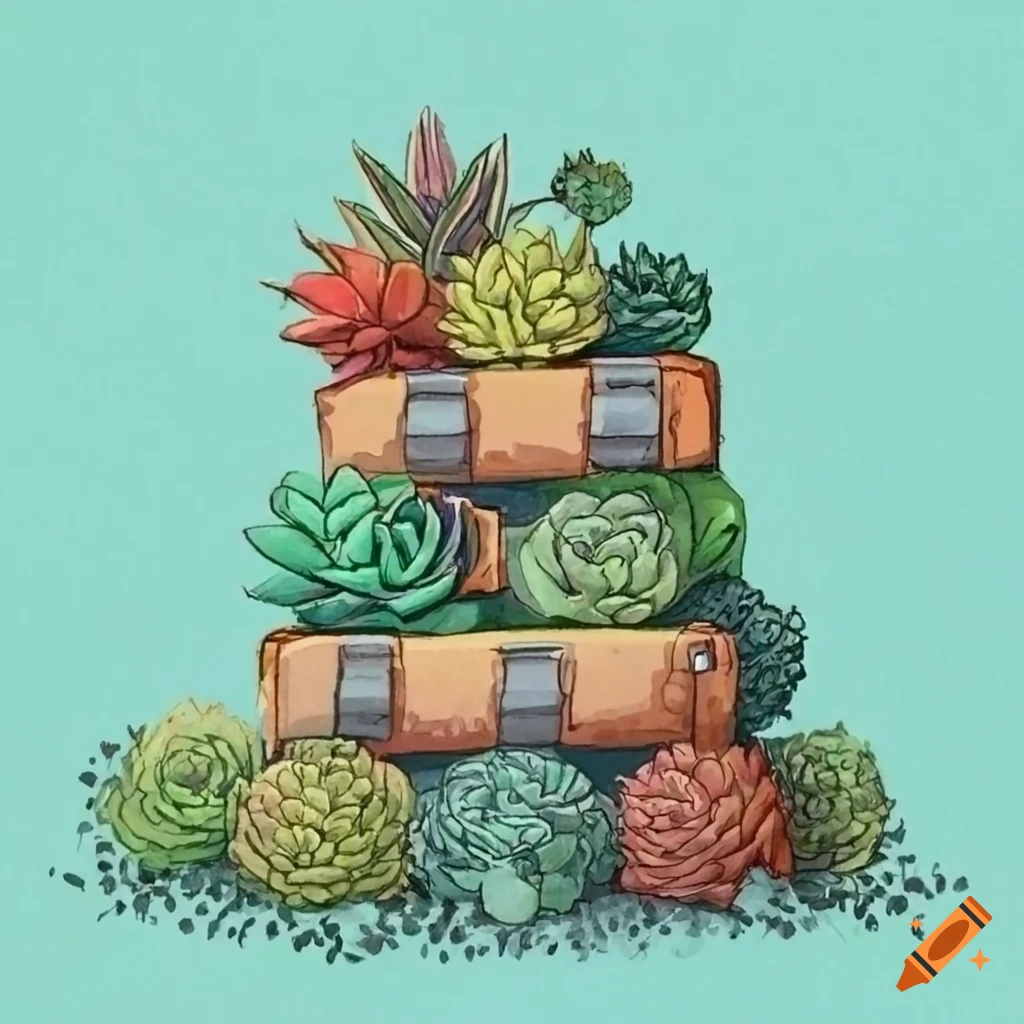 Sketch of luggage stack bursting with succulents