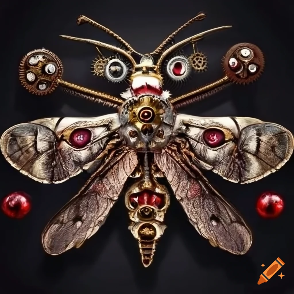 Steampunk mechanical silver moth with six wings and ruby red eyes
