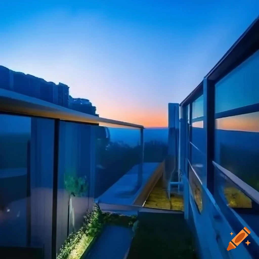 A modern balcony with a top view of a beautiful landscape on Craiyon