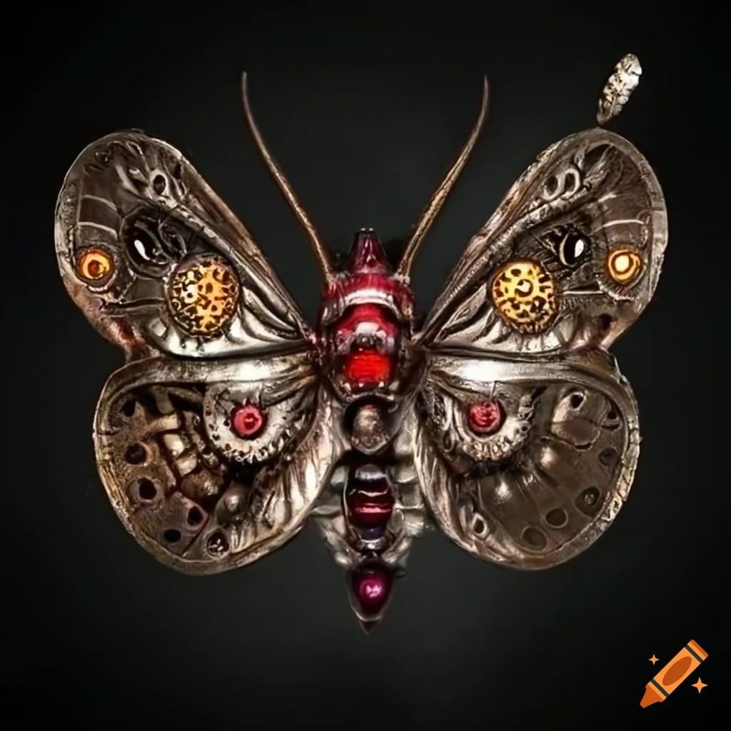 Steampunk mechanical silver moth with six wings and ruby red eyes