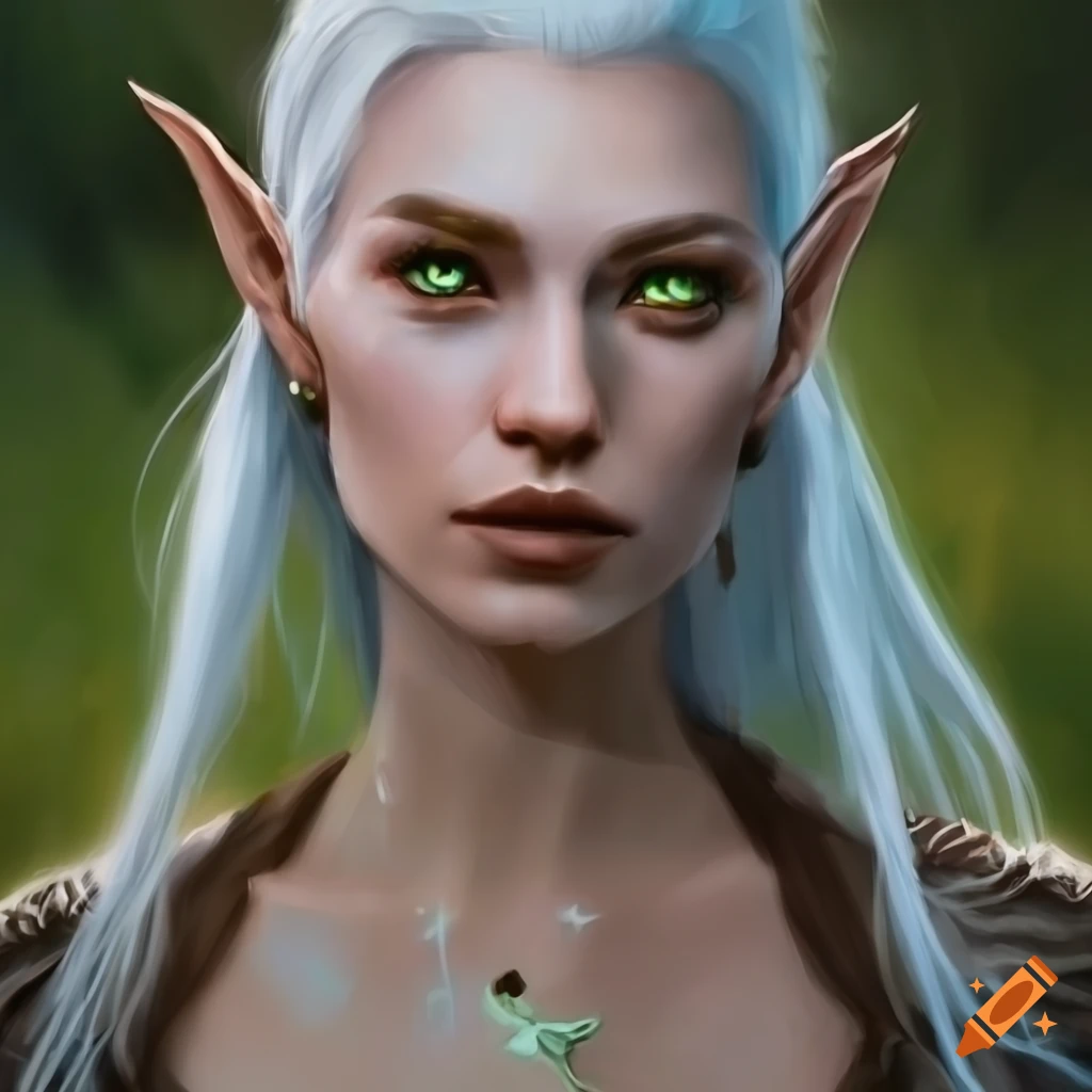 High Detail White Hair Brown Skin Female Pointy Ear Elf Fantasy Huntress Standing In A Lush