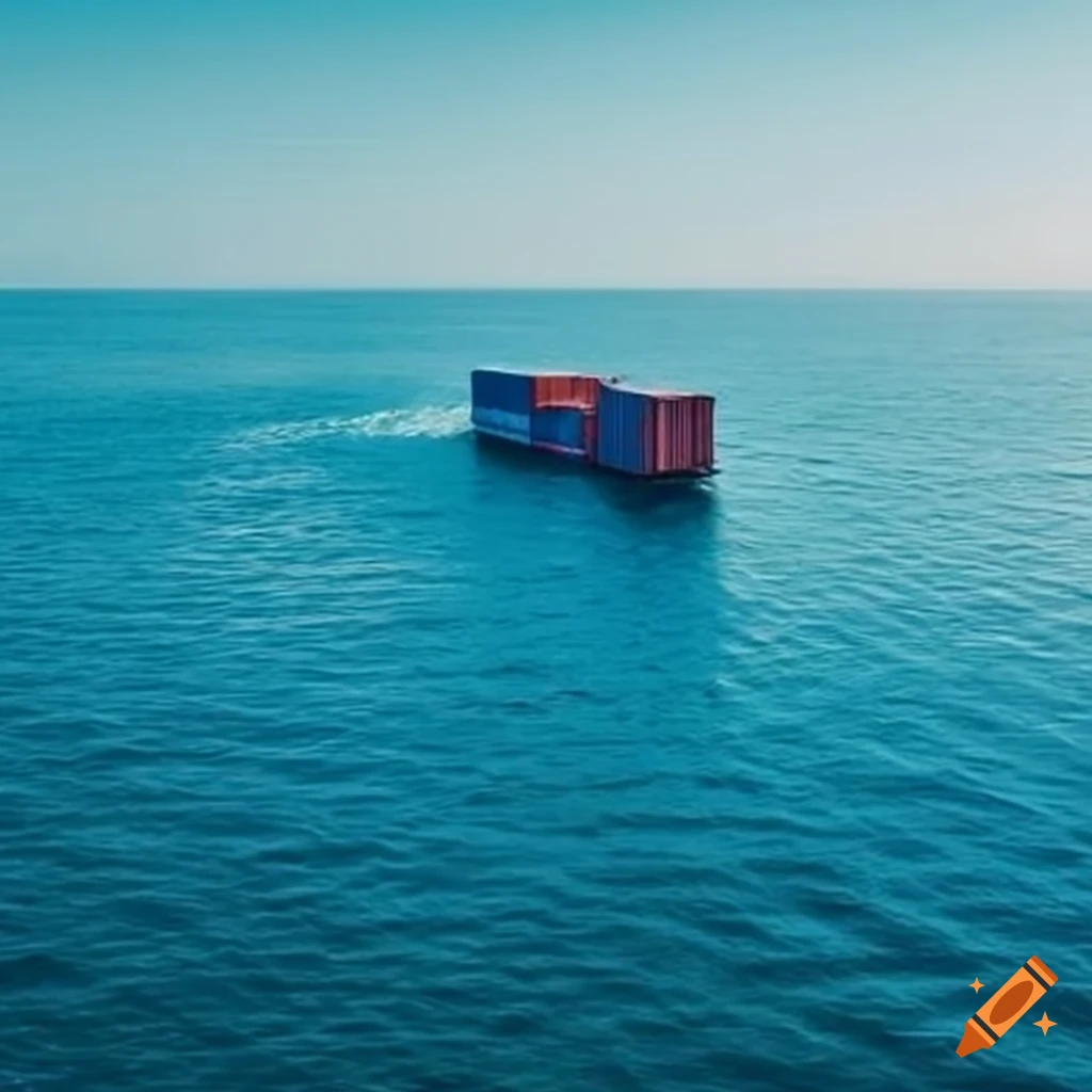 Container floating in the middle of the sea with white and blue tones ...