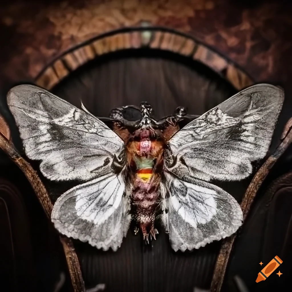 Steampunk silver moth with six mechanical wings and ruby red eyes on ...