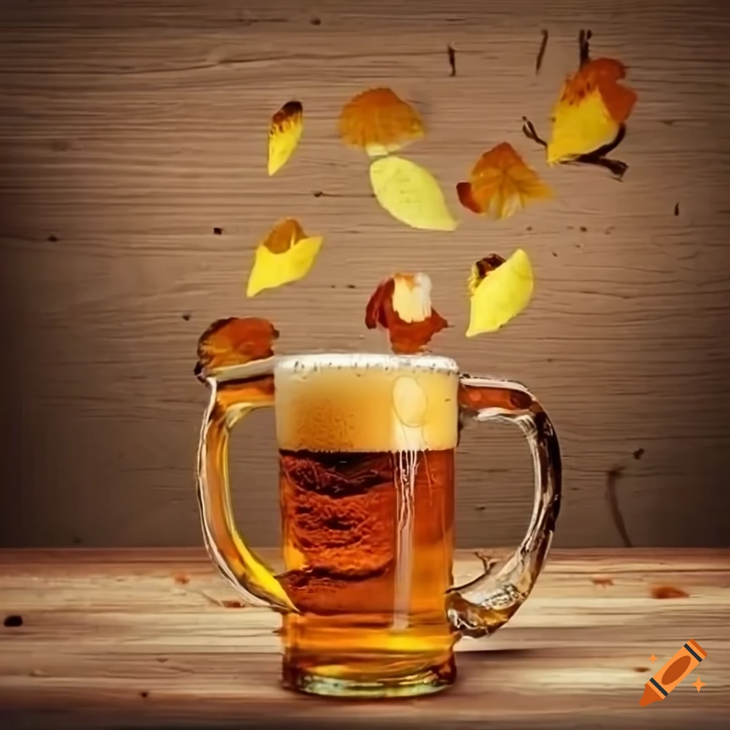 Amber beer in a wood with tree leaves falling