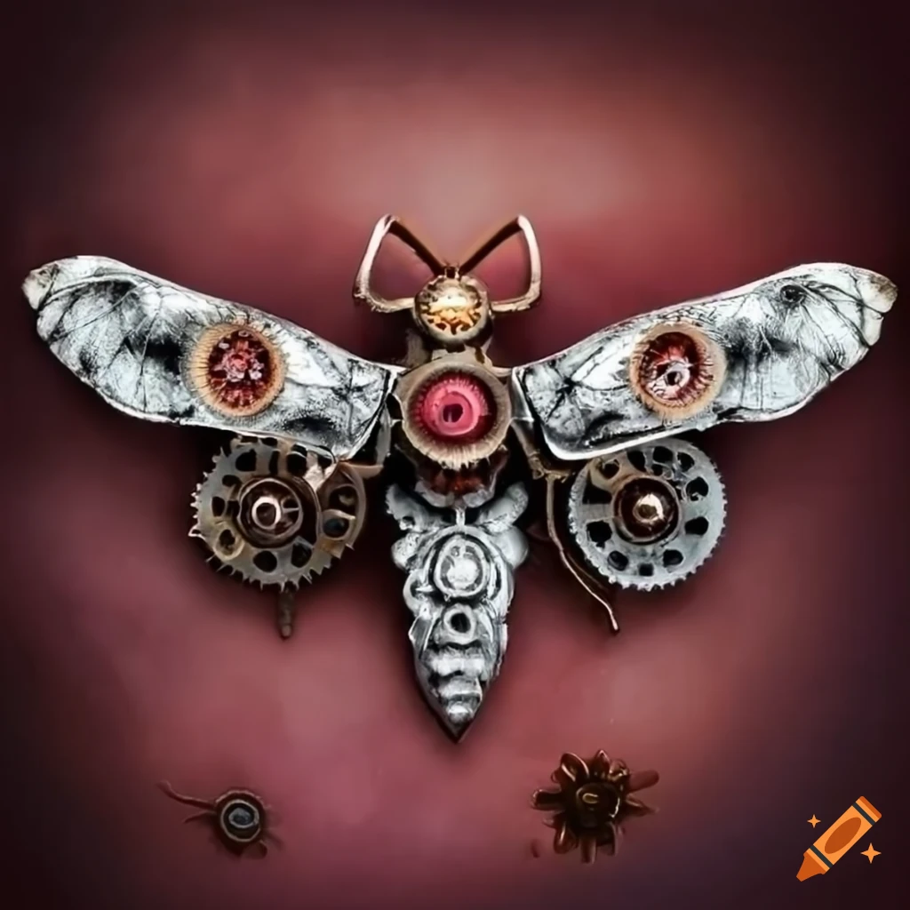 Steampunk mechanical silver moth with six wings and ruby red eyes