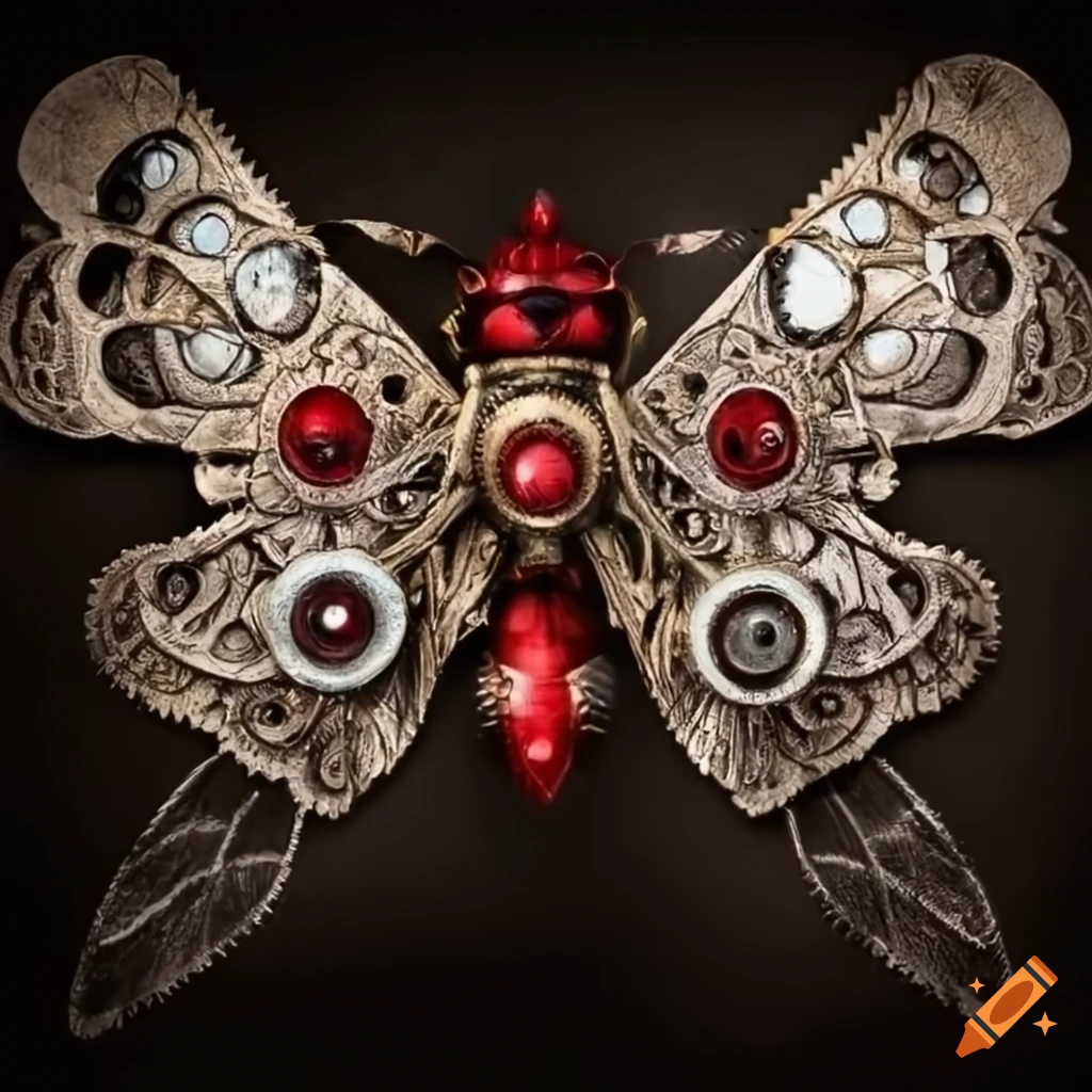 Steampunk silver moth with gears and ruby red eyes and six mechanical wings