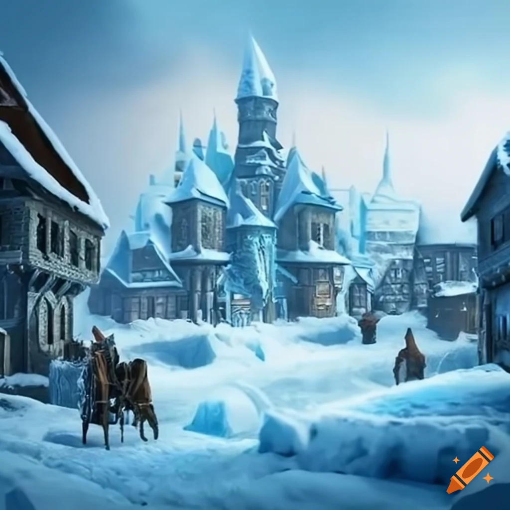 Snowy medieval town made of ice, fantasy world
