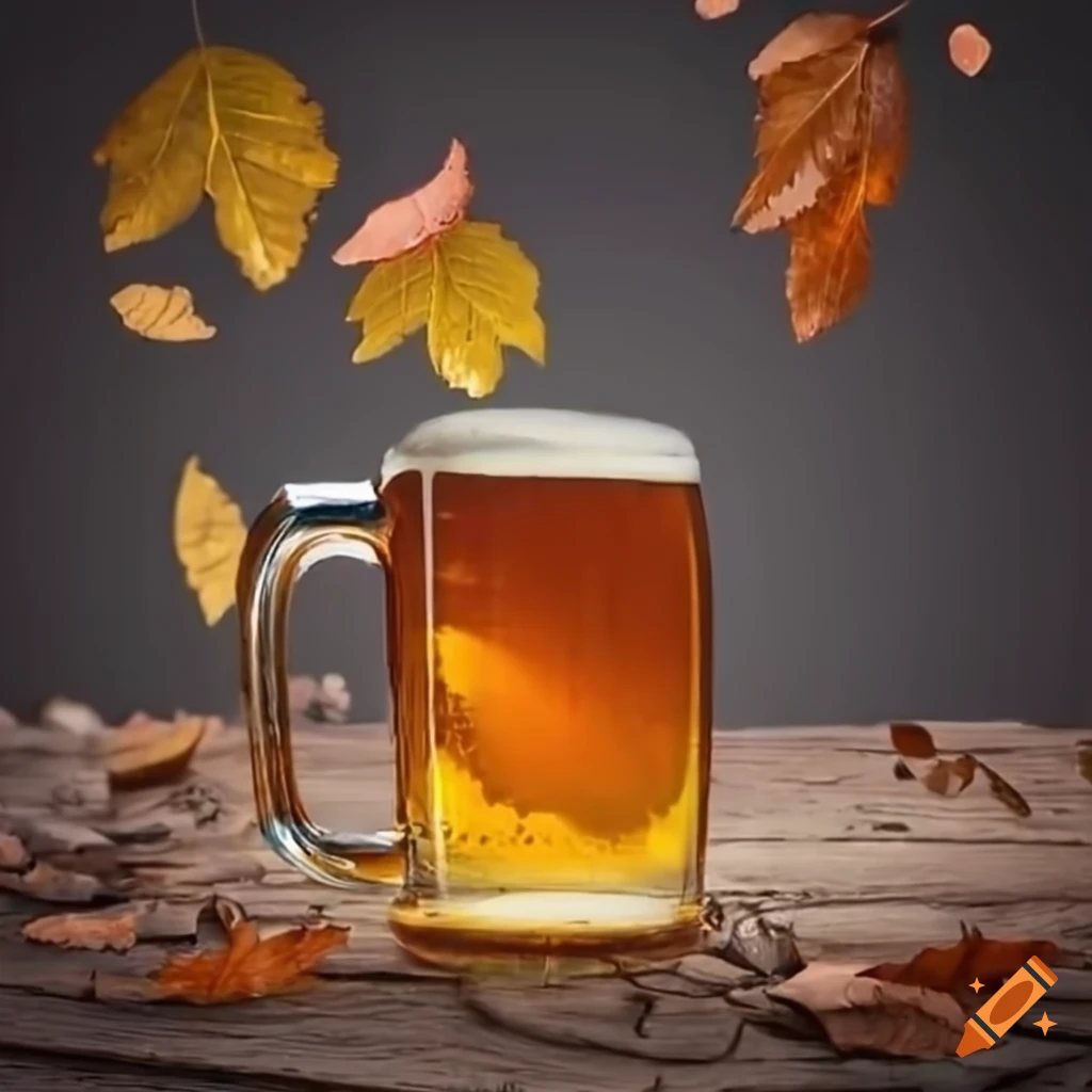 Amber beer in a wood with tree leaves falling