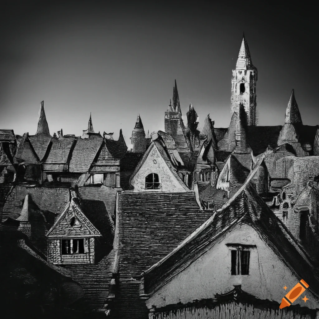 Medieval fantasy city rooftops. black and white, etching on Craiyon