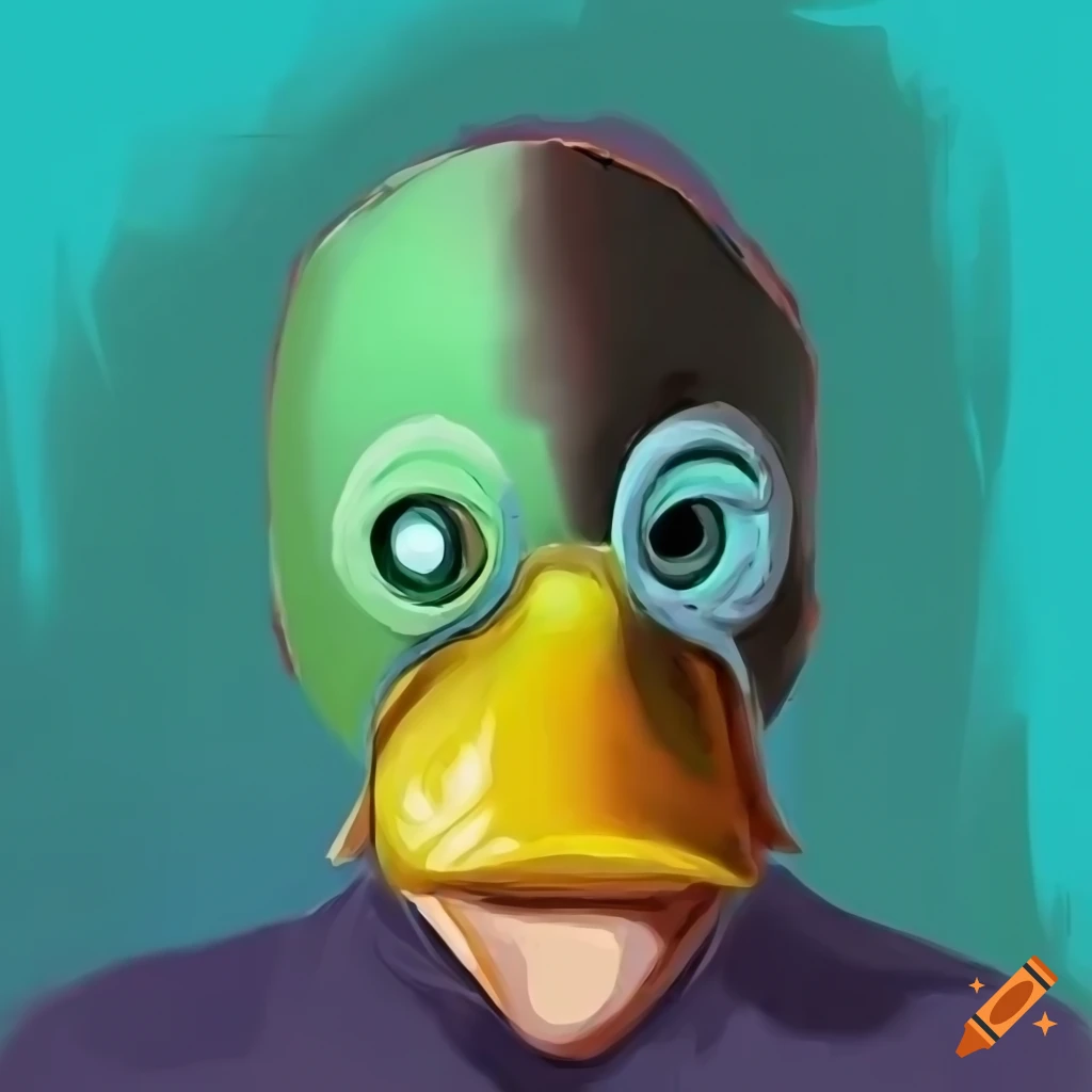 Basic comic character of a man with a cyan duck mask and yellow beak ...