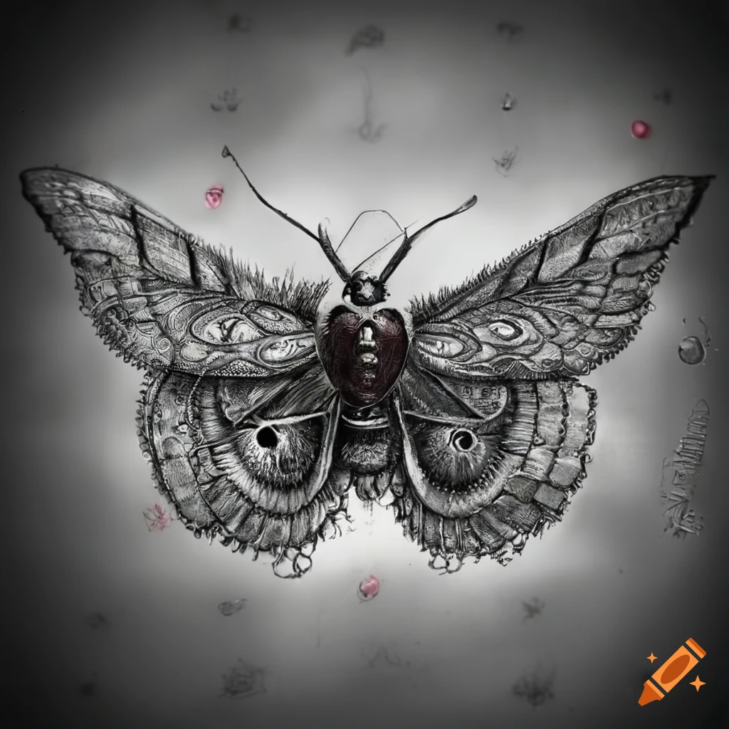 Steampunk silver moth with gears and ruby red eyes and six mechanical wings