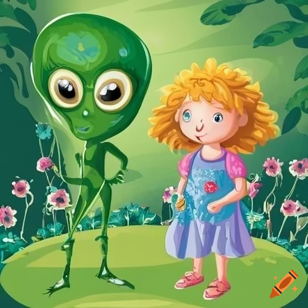 Kidsbook illustration alien and girl in the garden