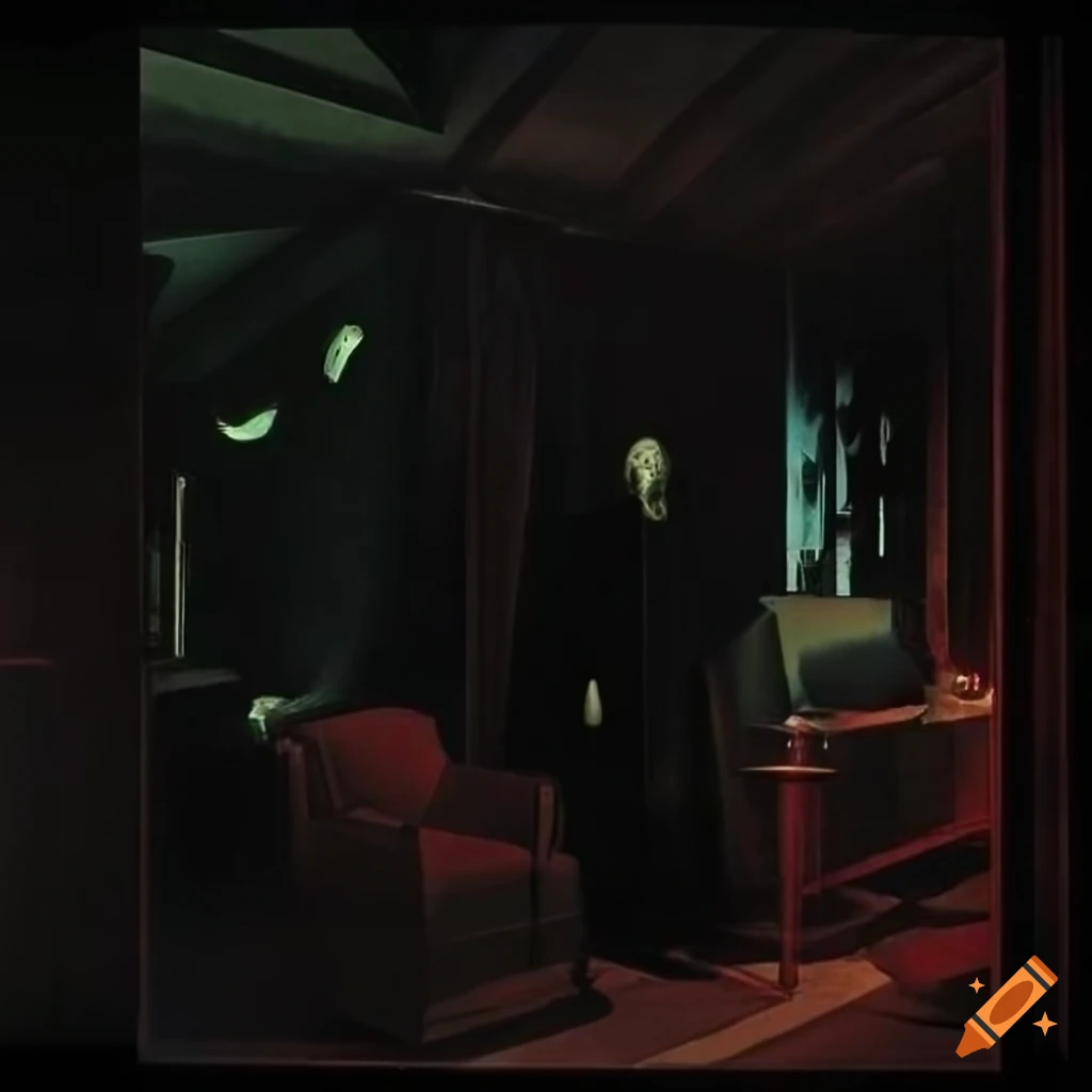 Retro futurism dark room catalogue 50s landscape