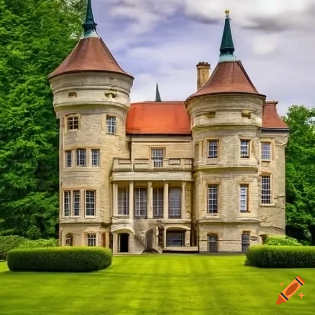 Castle style house with turrets, balcony and grand entrance, staircase ...