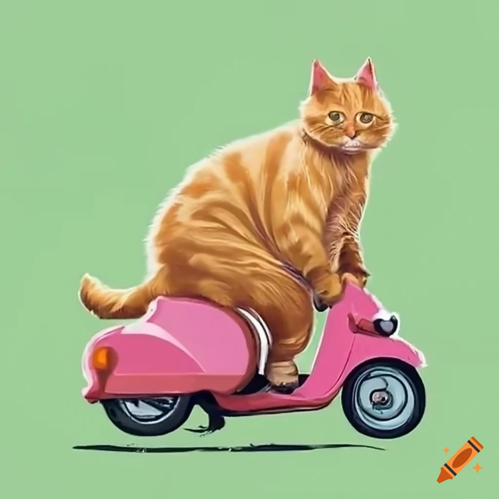 Fat orange cat on pink moped riding in grass on Craiyon