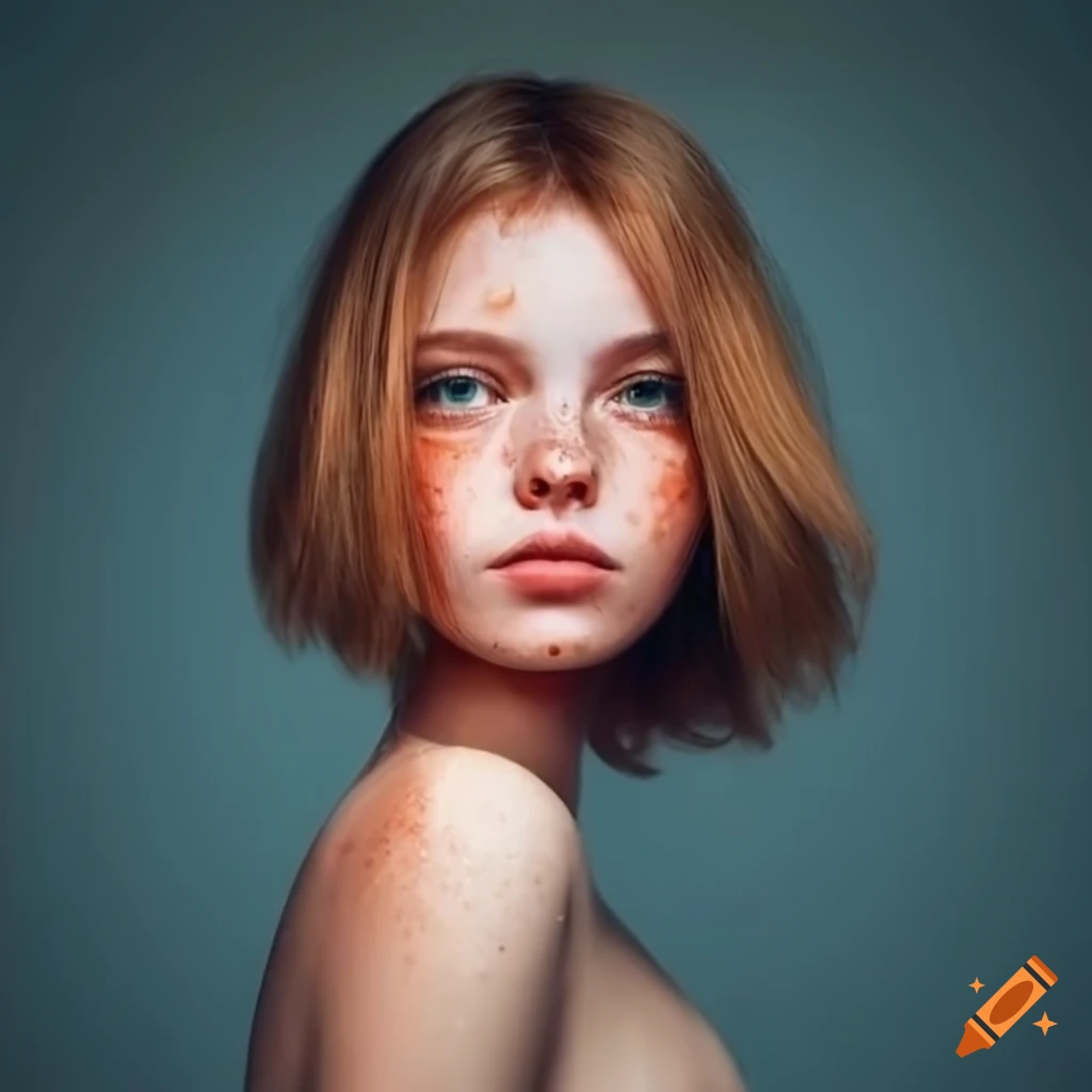 Beautiful young woman shoulder-length hair very light freckles