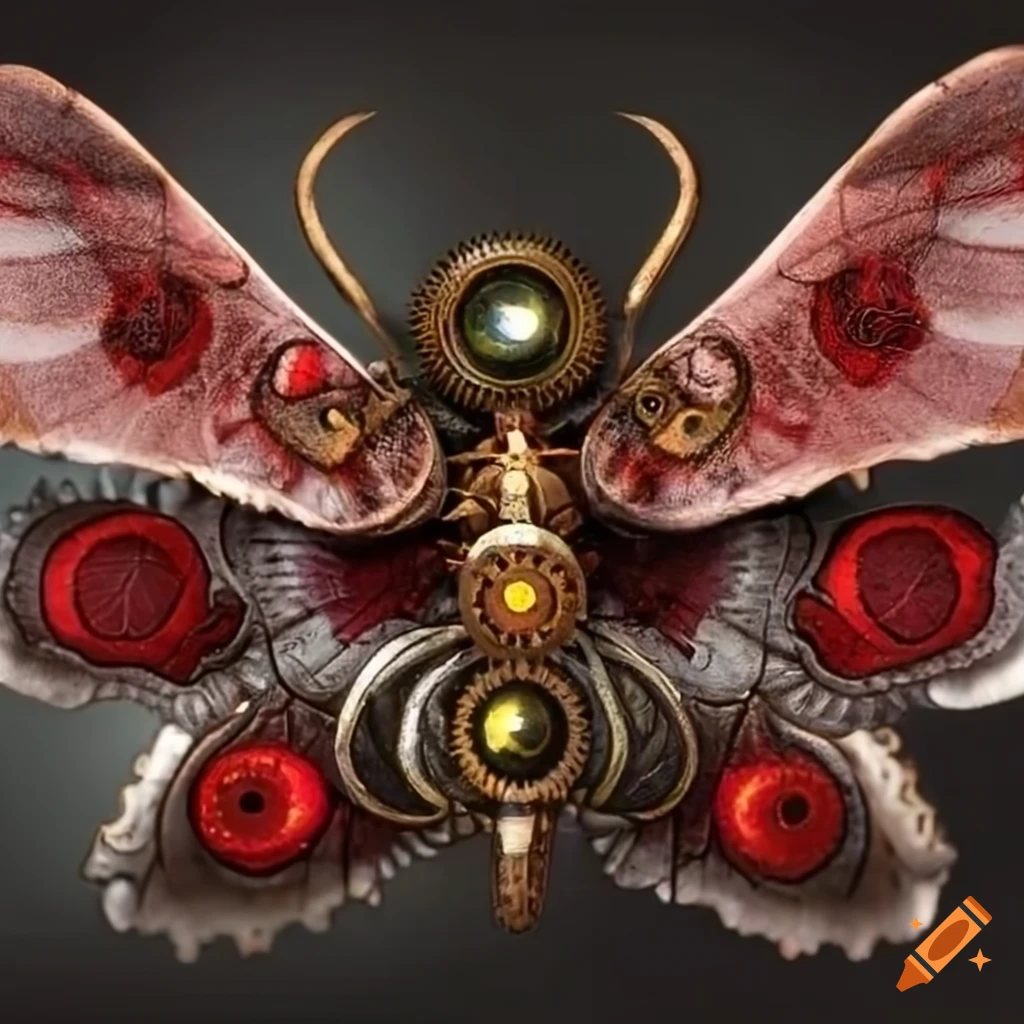 Steampunk metallic moth with six wings and bright red eyes on Craiyon