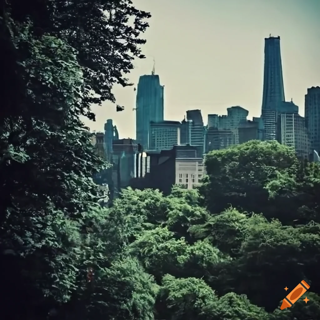 A charming retro cityscape with trees and plants in foreground on Craiyon