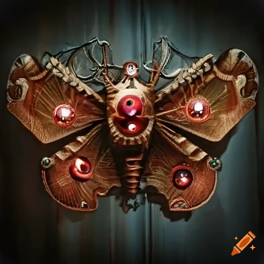 Steampunk mechanical moth with six wings and ruby red eyes