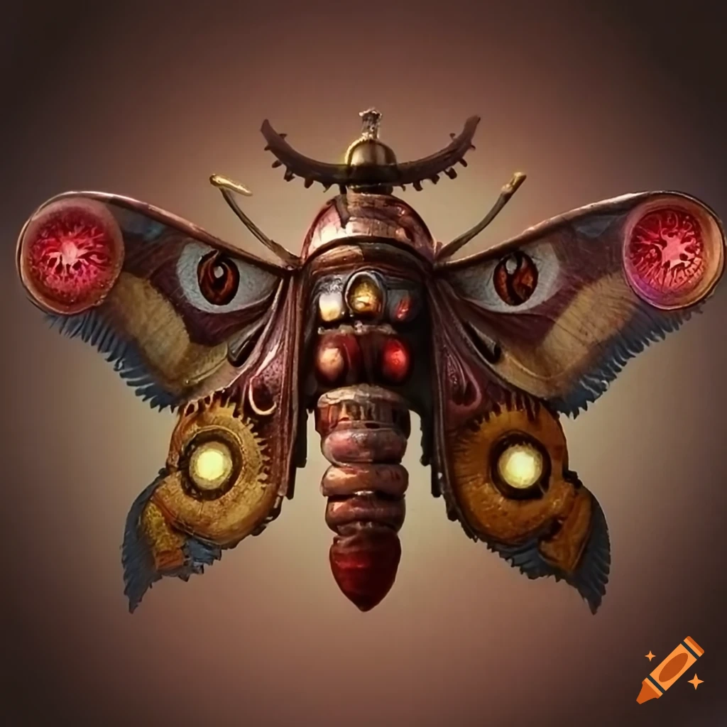 Steampunk moth with six mechanical wings and ruby red eyes