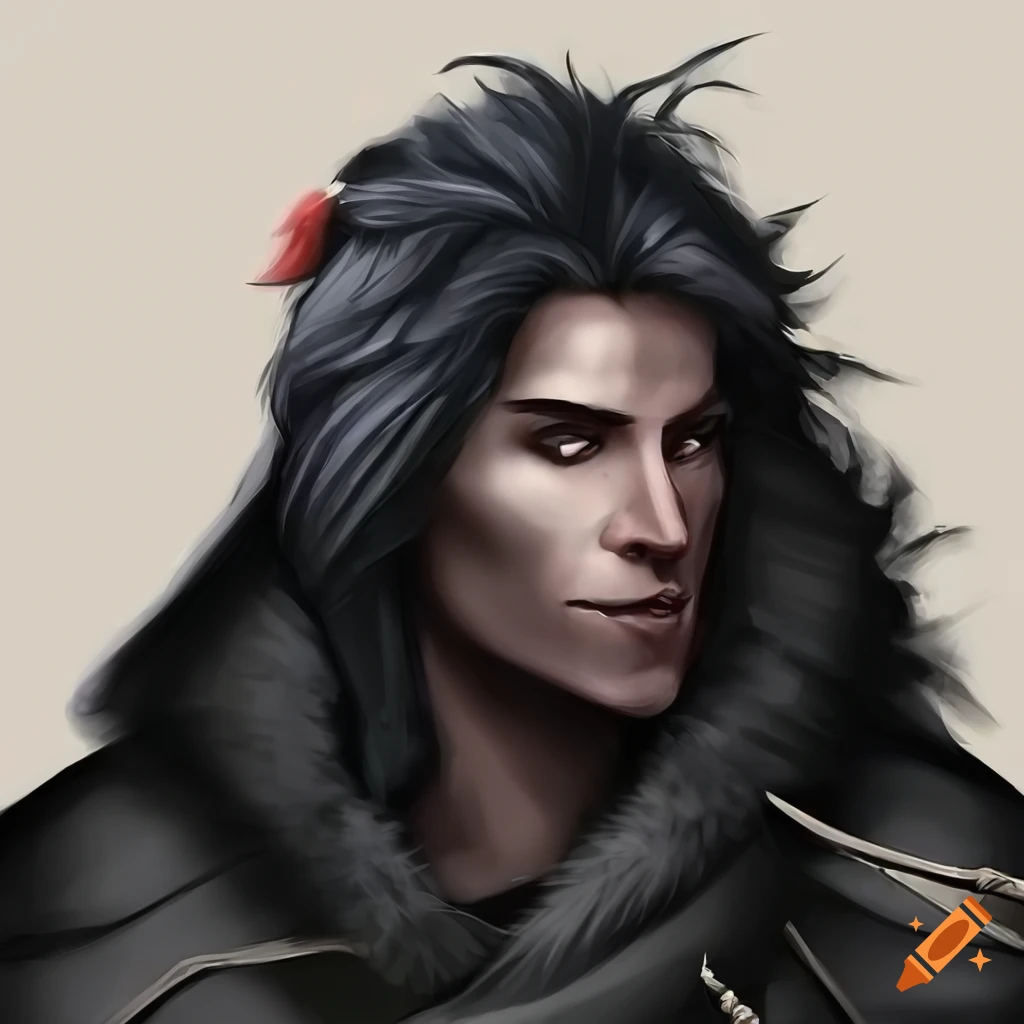 Male Dhampir in black fur winter cloak dnd character portrait ranger on ...