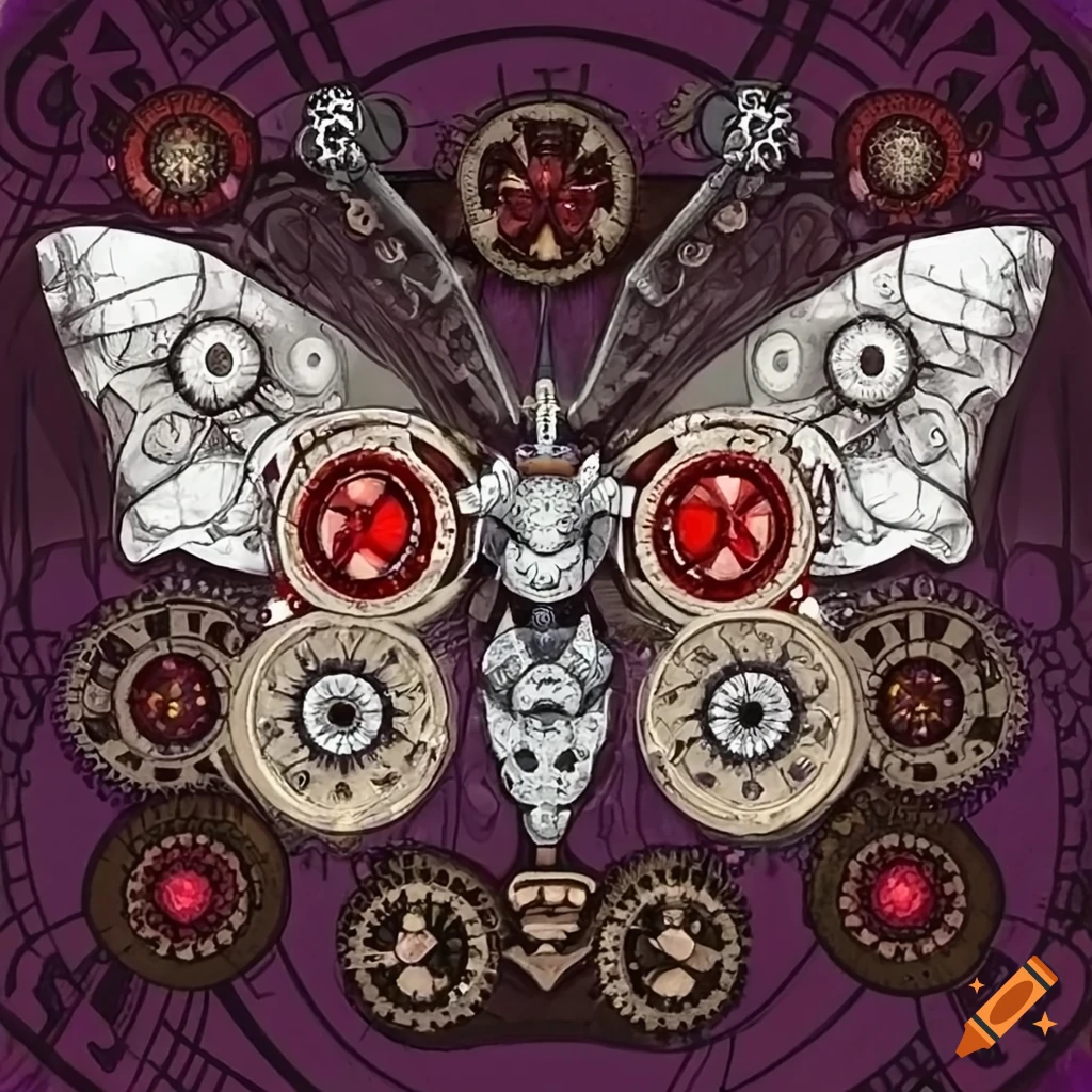 Steampunk silver moth with gears and ruby red eyes and six mechanical ...