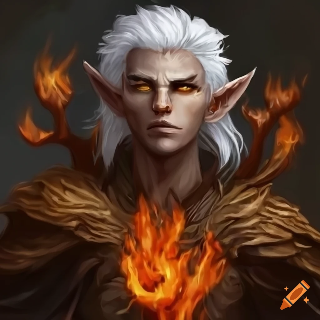 Fantasy character: Male Fire Druid with dark skin, white hair, and ...