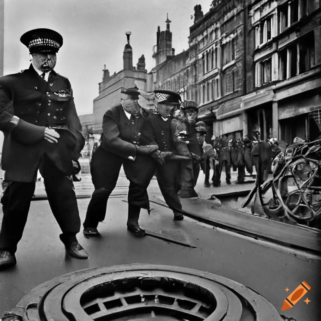 Police officers lifting a manhole cover in london during world war ii ...