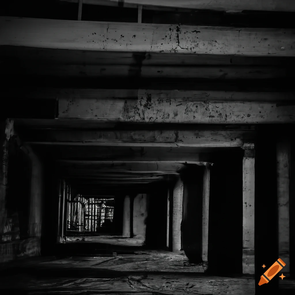 Black and white photograph of shadow inside abandoned factory