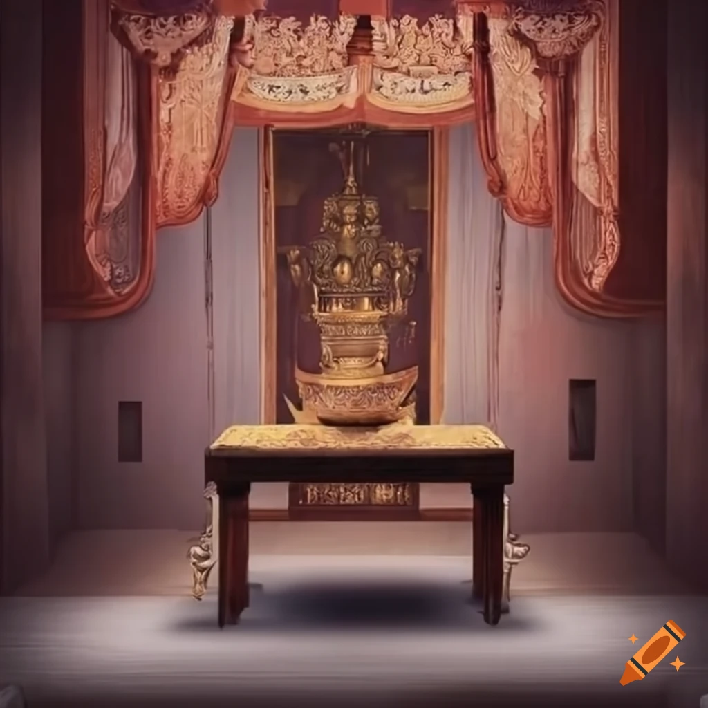 Room in a old temple shrine with a table and a chair