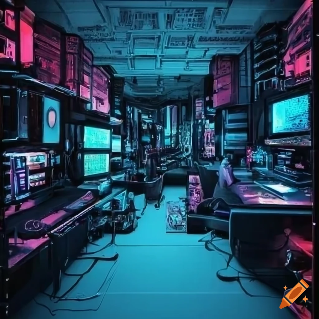 Room with lots of computers high tech, cyberpunk on Craiyon