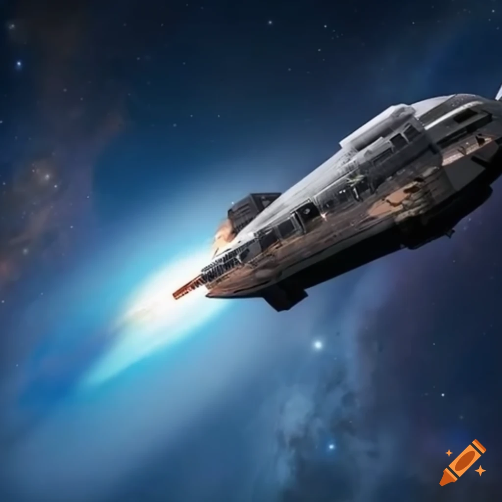 A spaceship seen from space leaving the earth towards the stars