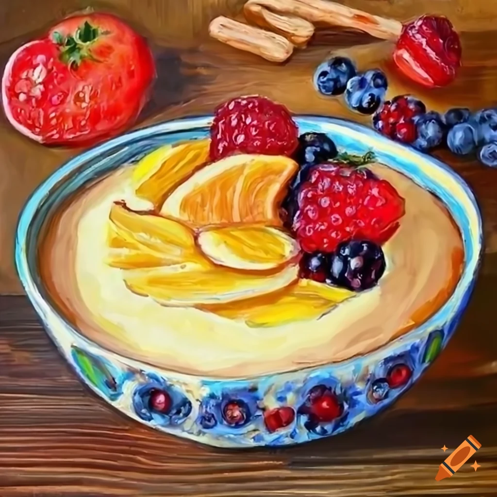 Semolina pudding with fruits, berries, honey and nuts in the painted ...