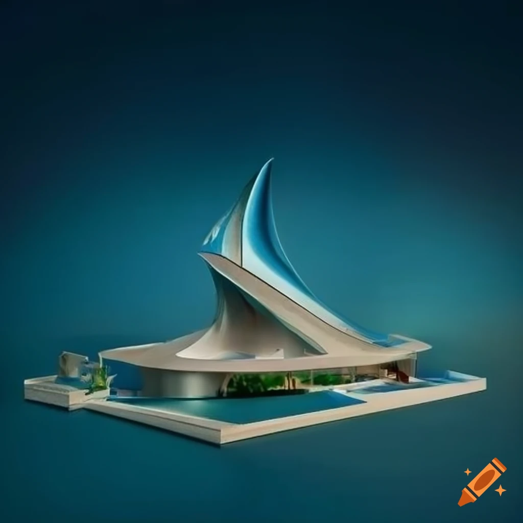 Model of a futuristic museum with sharp lines and landscaping on Craiyon