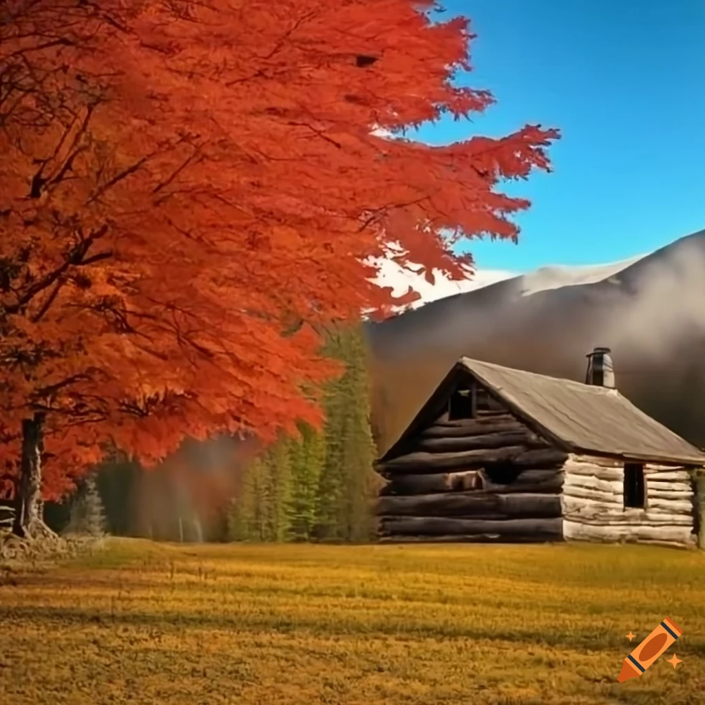 Sun valley red maple tree in a mountain scene with a log cabin with ...