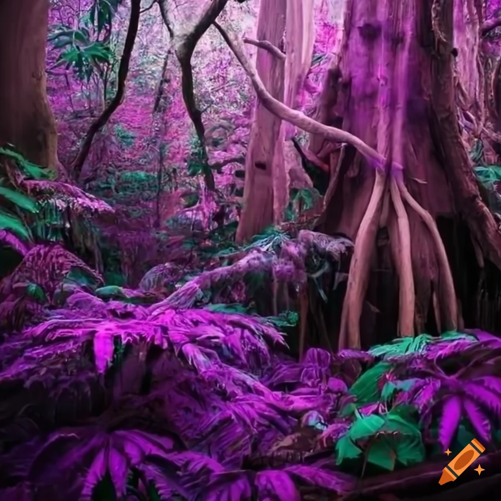 Purple and pink jungle ecosystem with old fat trees, tropical ...