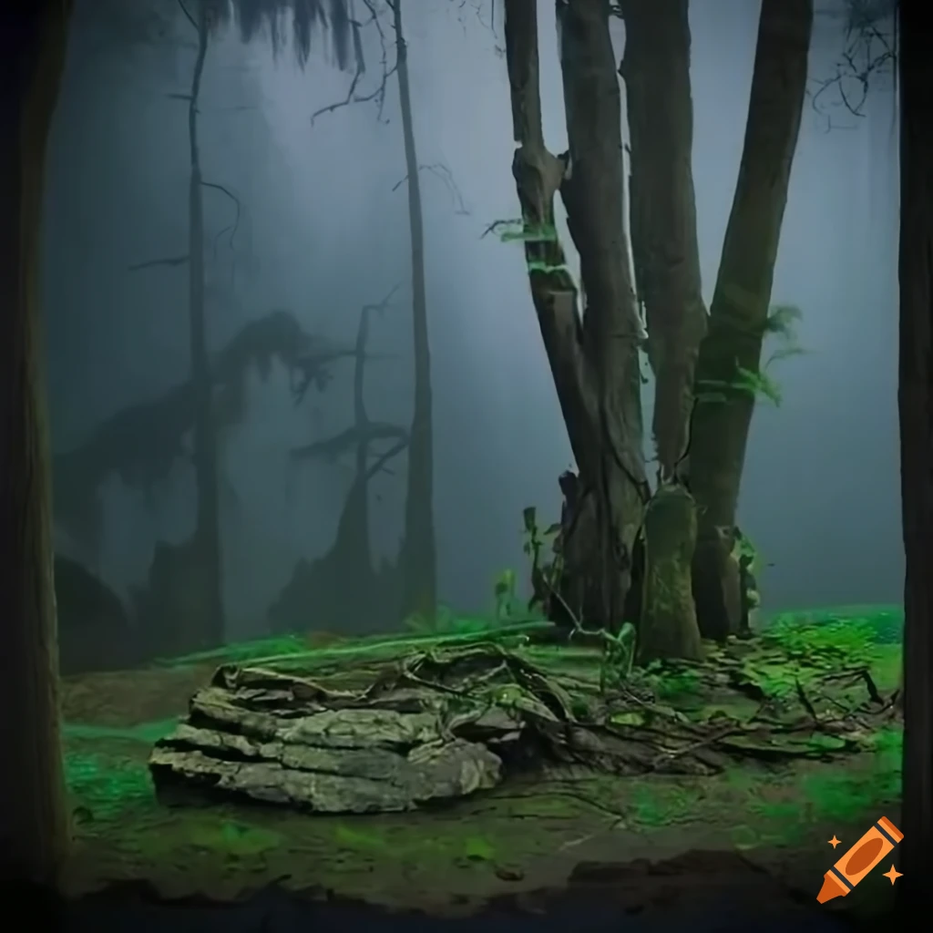 Dark, stormy weather with rain and thunder in the background. Overgrown ...