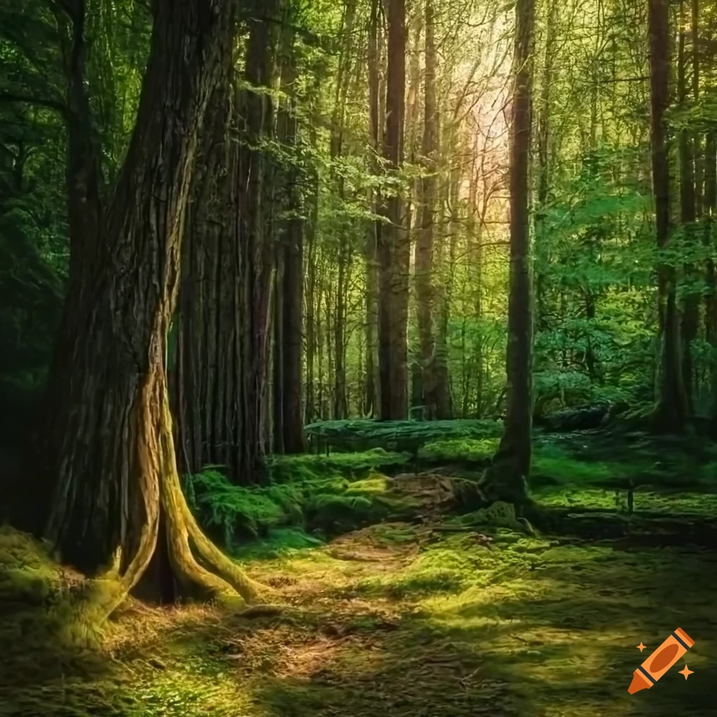 Un paysage idyllique avec des grands arbres, des fougères, du lierre et ...