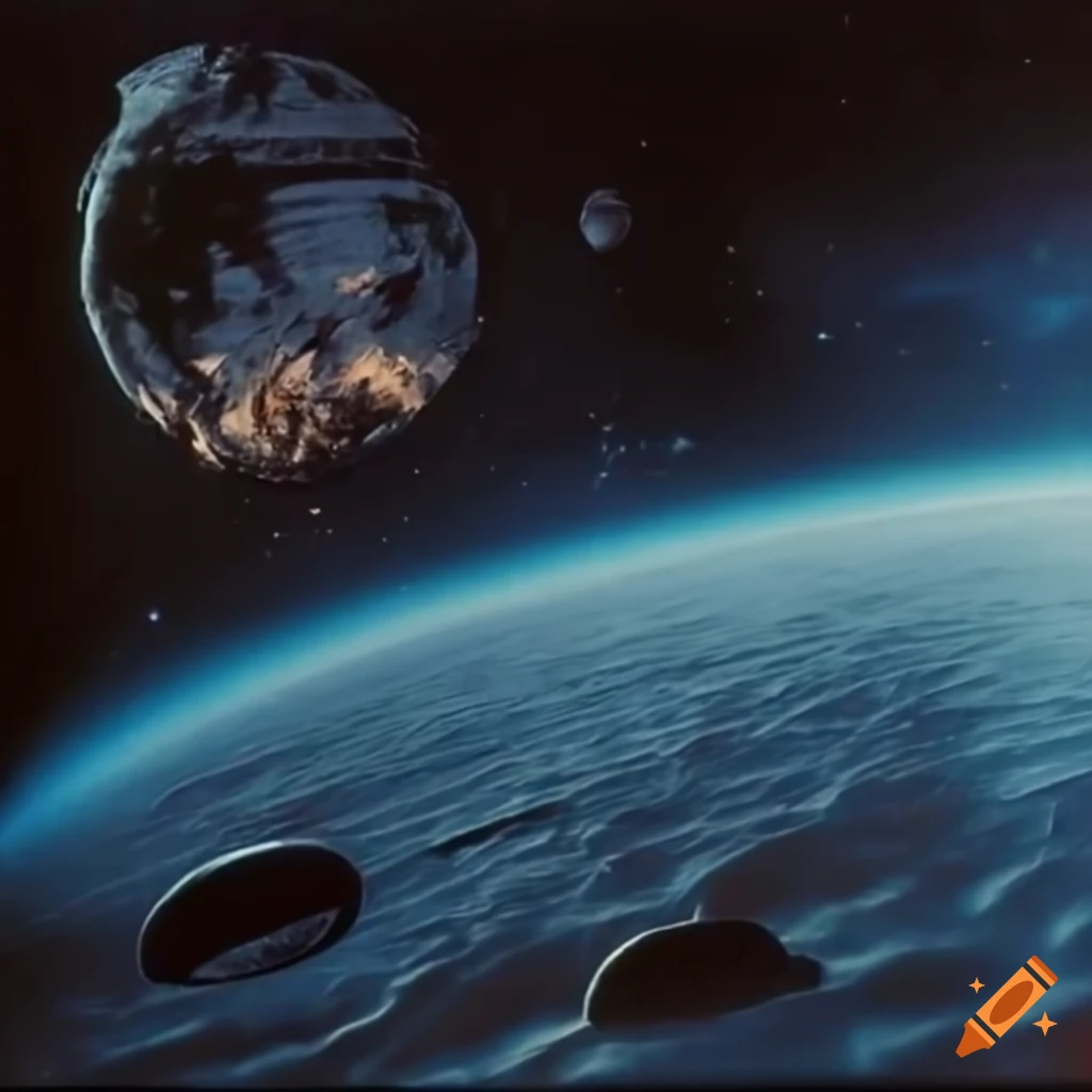 Post apocalyptic planet in space, movie still, wide angle, 70s style ...