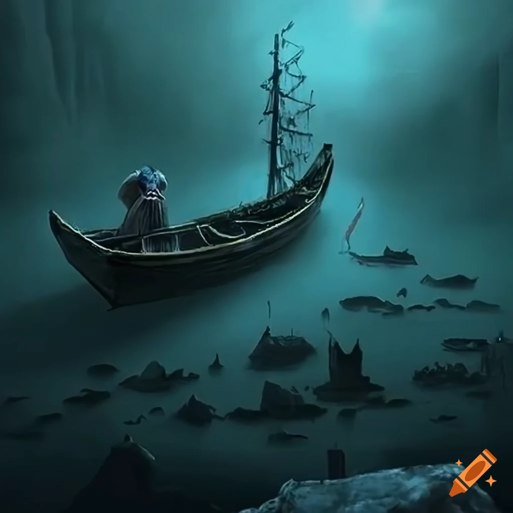 A dark boat cruising towards an unknown destination at night mystery ...