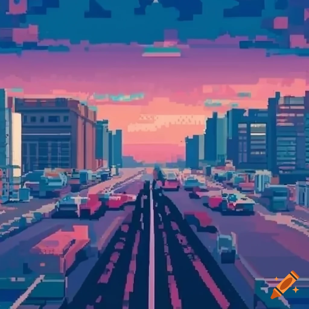 View from a window of a car driving through highway in pixel art ...