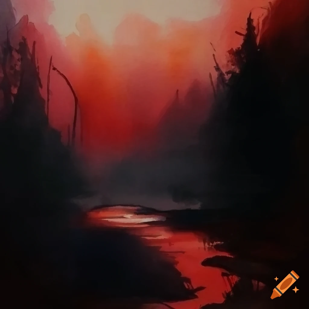 Watercolor, landscape, dark, not dark, blending, strong red light on ...