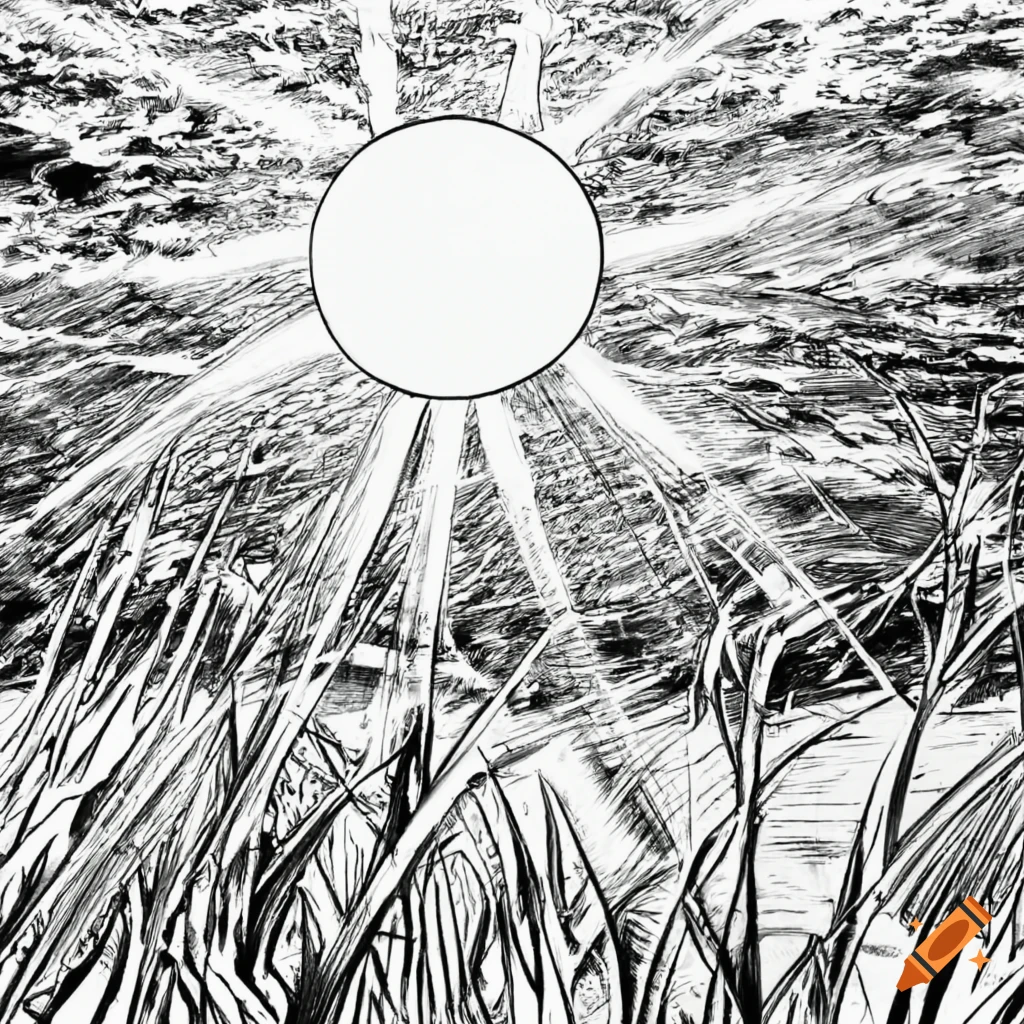 Manga drawing black and white of the sun rising in a grass field