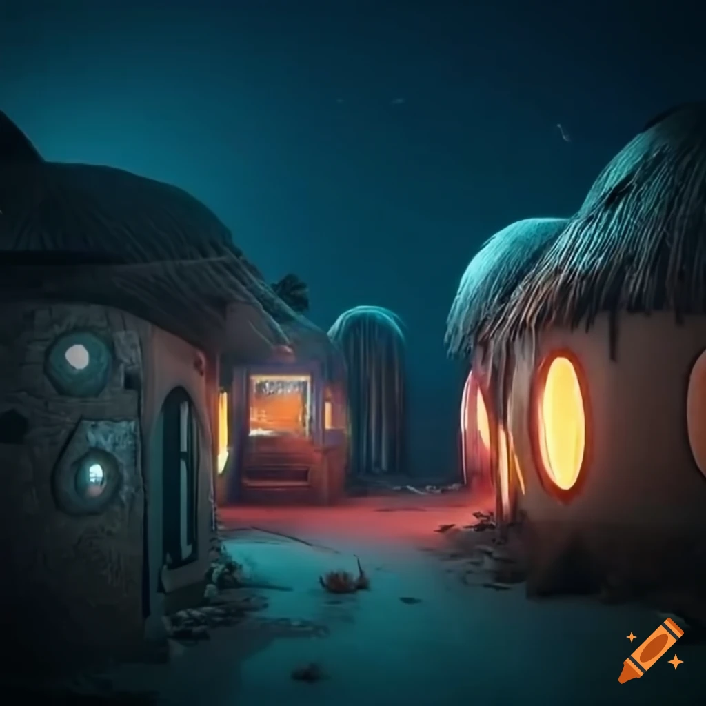 Sci-fi inspired village at night, superadobe huts, primitive futurism ...