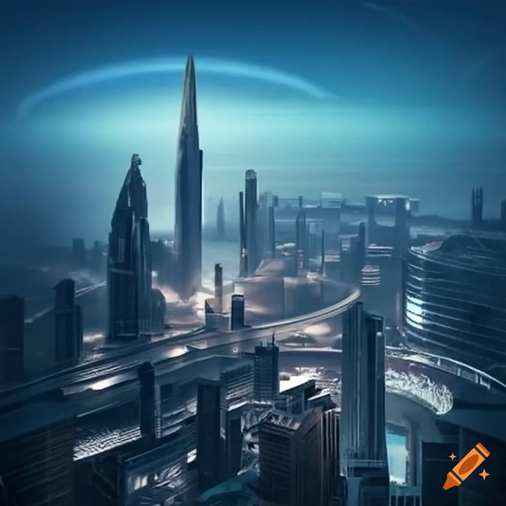 A futuristic city with big buildings and humans and super natural ...