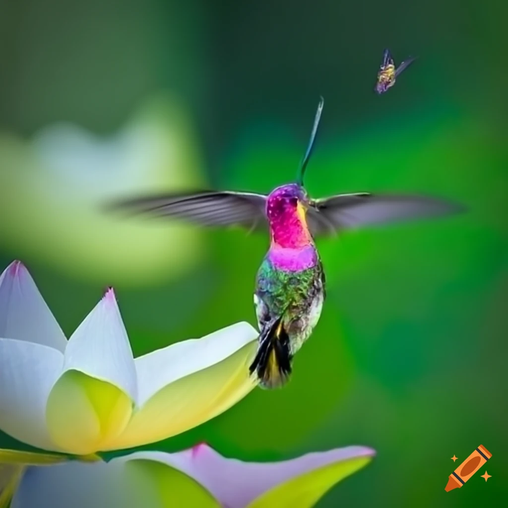 Humming bird, bumble bee, lotus flower on Craiyon
