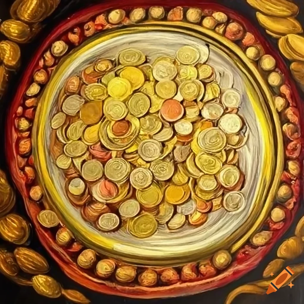 Golden on coins the velvet. Oil painting. Very detailed drawing ...