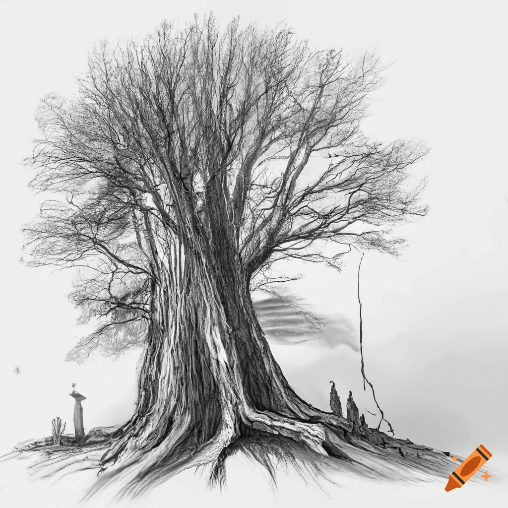 Ultra wide angle of a gigantic, 100 metre tree surrounded by forest