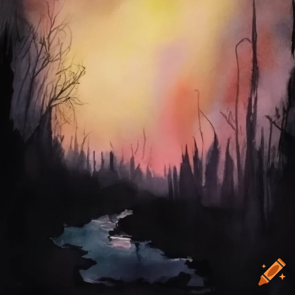 Watercolor, landscape, dark, not dark, blending, strong light on Craiyon